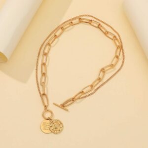 Gold Chunky Thick Link Chain Necklace Compass Coin Pendant Toggle Necklace Charm Minimalist Jewelry for Women Men Teen Girls