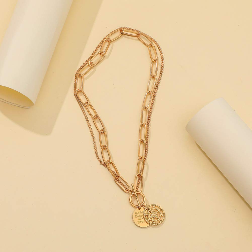 Gold Chunky Thick Link Chain Necklace Compass Coin Pendant Toggle Necklace Charm Minimalist Jewelry for Women Men Teen Girls