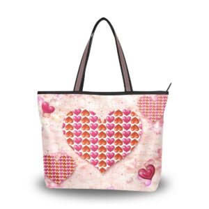 qmxo pink hearts valentine's day handbags and purse for women tote bag large capacity top handle shopper shoulder bag