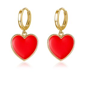 onlyjump 14k gold plated huggie earrings cz tiny small hoop earrings red enamel heart ear cuff initial huggies earrings minimal jewelry (red heart)