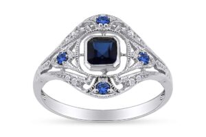 affy 10k solid white gold vintage style cushion & round simulated sapphire & white natural diamond engagement ring size 7