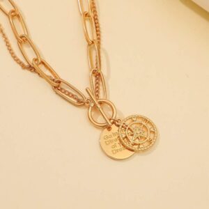 Gold Chunky Thick Link Chain Necklace Compass Coin Pendant Toggle Necklace Charm Minimalist Jewelry for Women Men Teen Girls