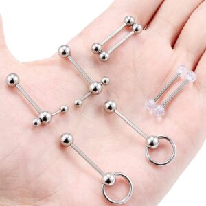 Prjndjw 14G Tongue Rings Door Knocker Tongue Ring 316L Surgical Steel Double Barbell with Slave Ring For Women Men Body Piercing Jewelry 16MM