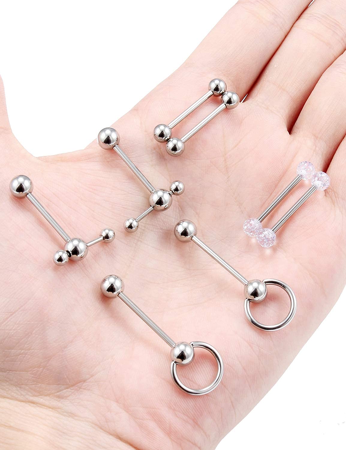 Prjndjw 14G Tongue Rings Door Knocker Tongue Ring 316L Surgical Steel Double Barbell with Slave Ring For Women Men Body Piercing Jewelry 16MM