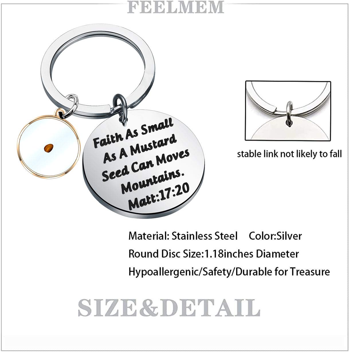 FEELMEM Religious Jewelry Mustard Seed Faith Gifts Faith As Small As A Mustard Seed Can Moves Mountains Matthew 17:20 Keychain Faith Jewelry For Christian Best Friend (Faith as smal)