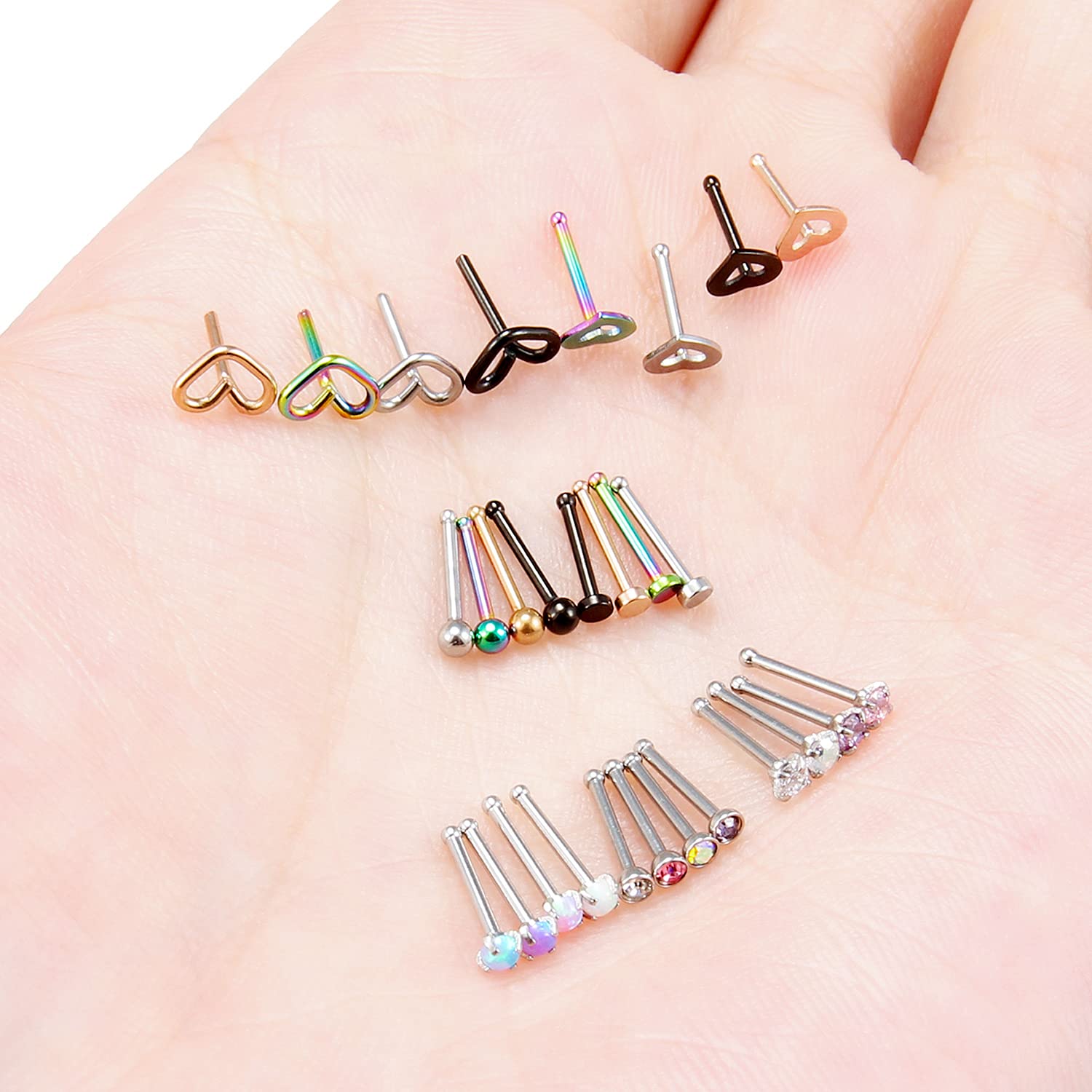 Hoeudjo 20G Opal Nose Rings Surgical Steel Nose Ring Studs Heart CZ Inlaid Piercing Jewelry for Women Men Girls 28 Pieces Bone Nose Rings