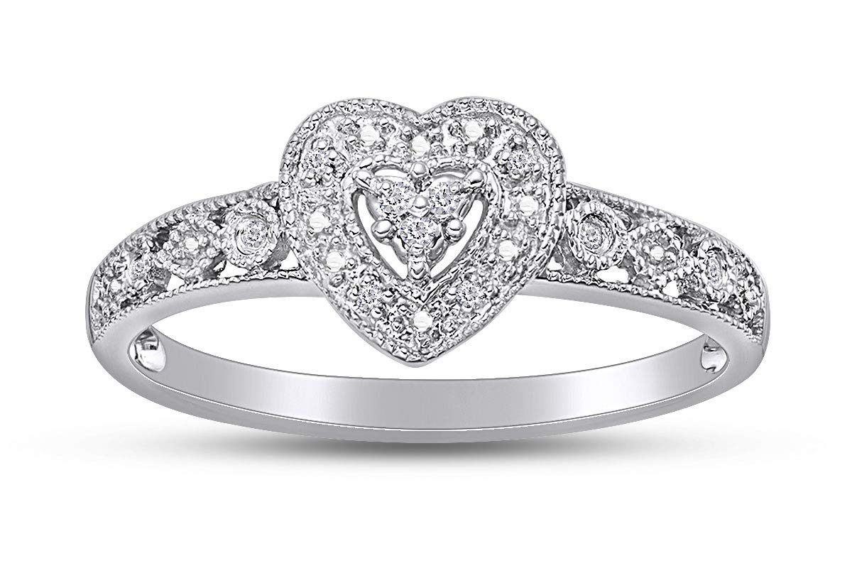 10k Solid White Gold Round White Natural Diamond Accent Heart Promise Engagement Ring (I-J Color, I2-I3 Clarity) Size 7