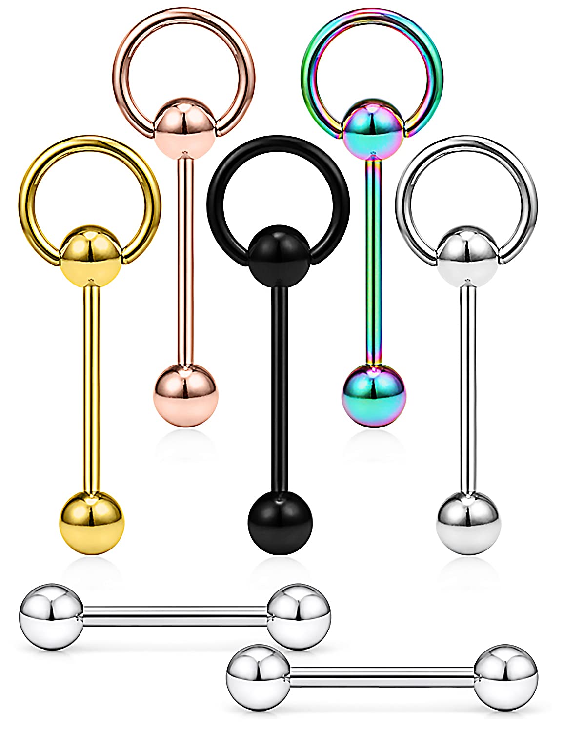 Prjndjw 14G Tongue Rings Door Knocker Tongue Ring Surgical Steel Tongue Rings Body Piercing Jewelry for Women Men 7Pcs 16MM Mixcolour