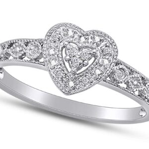 10k Solid White Gold Round White Natural Diamond Accent Heart Promise Engagement Ring (I-J Color, I2-I3 Clarity) Size 7