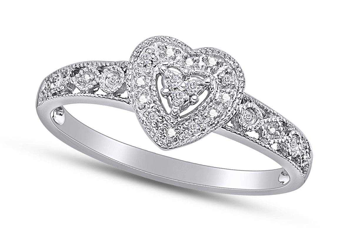 10k Solid White Gold Round White Natural Diamond Accent Heart Promise Engagement Ring (I-J Color, I2-I3 Clarity) Size 7