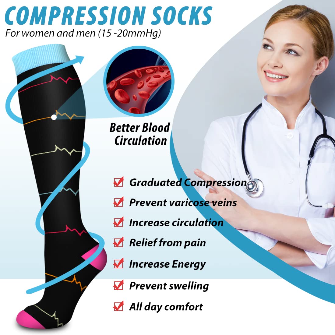 BLUEENJOY Copper Compression Socks for Women & Men (6 pairs) - Best Support for Nurses, Running, Hiking, Recovery