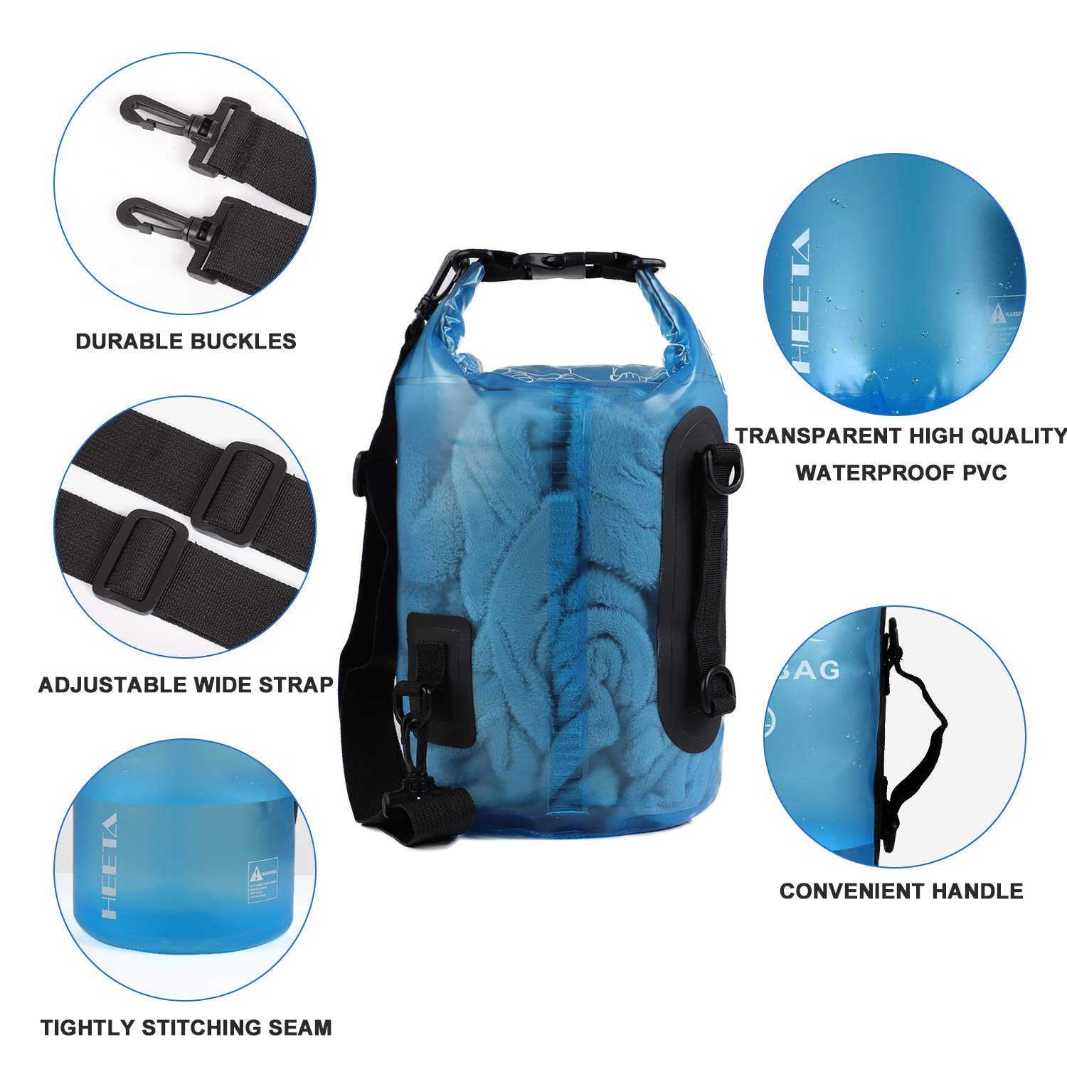 HEETA Waterproof Dry Bag for Women Men Transparent Blue 5L Bundle with 2-Pack Waterproof Pouch with Waist Strap