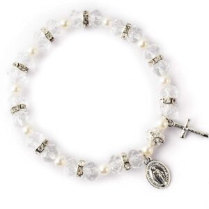 hanlincc women's beaded stretch rosary bracelet with crucifix and miraculous medal (white)