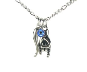 mano cornuto, cornicello, and nazar combo necklace, on 20" figaro chain, italian lucky hand horn anti evil eye good luck amulet protection charms all stainless