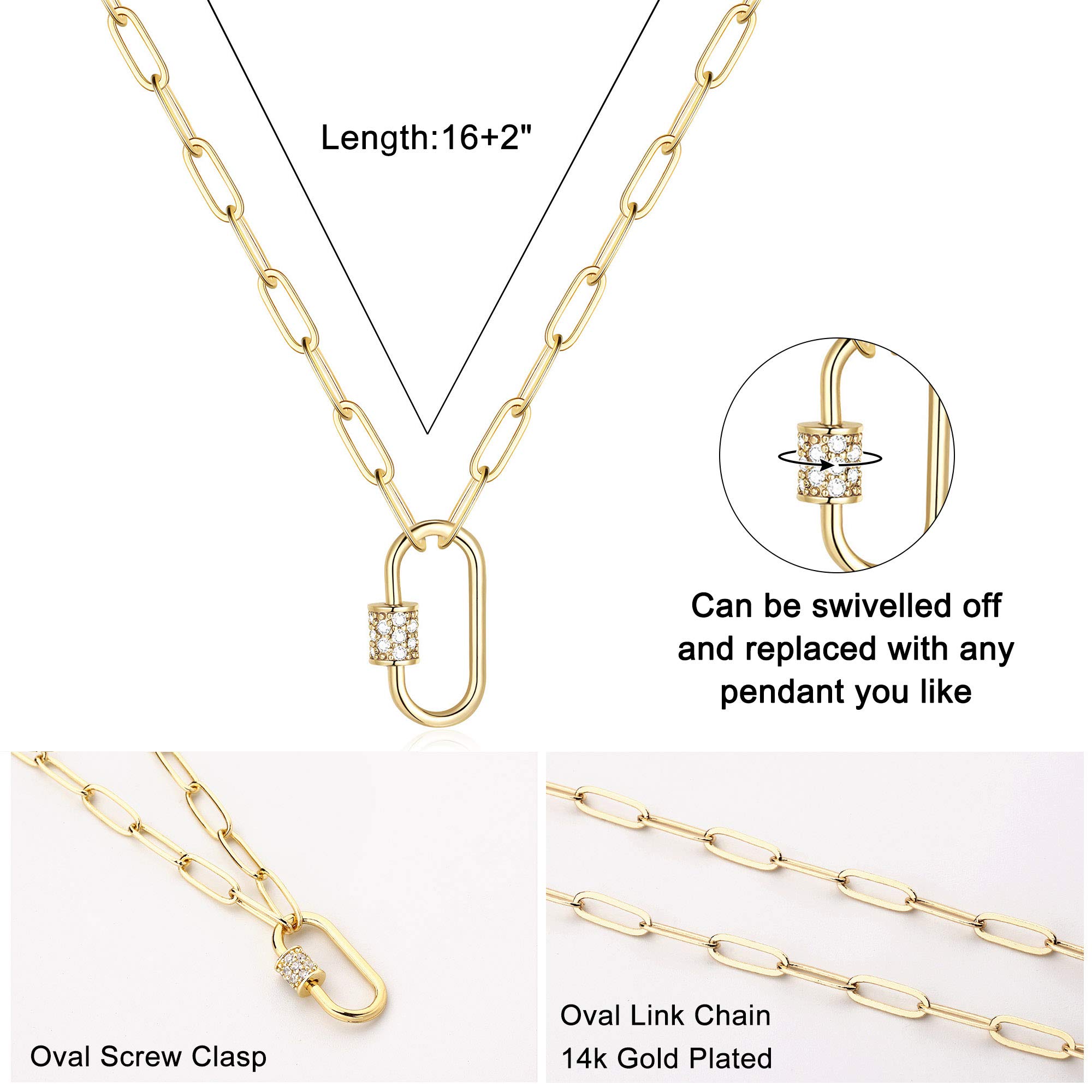 Turandoss 14K Gold Plated Shiny CZ Oval Screw Clasp Link Chain Simple Choker Paperclip Link Necklaces for Women