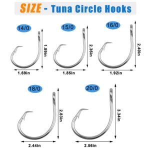 Tuna Circle Hooks Saltwater, Stainless Steel in-Line Circle Hooks 2X Strong Short Shank Big Game Hooks for Swordfish Bass Tuna Size 8/0-28/0