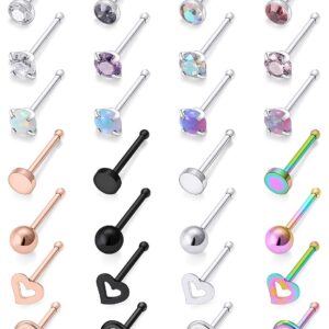 Hoeudjo 20G Opal Nose Rings Surgical Steel Nose Ring Studs Heart CZ Inlaid Piercing Jewelry for Women Men Girls 28 Pieces Bone Nose Rings