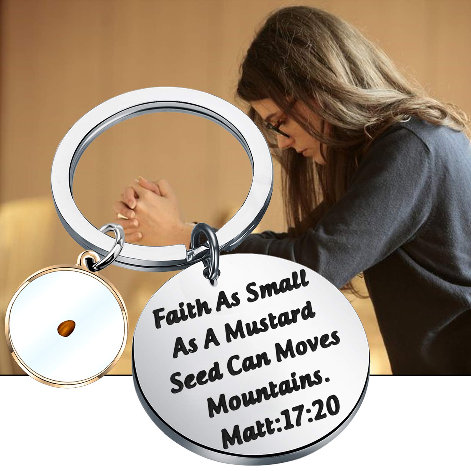 FEELMEM Religious Jewelry Mustard Seed Faith Gifts Faith As Small As A Mustard Seed Can Moves Mountains Matthew 17:20 Keychain Faith Jewelry For Christian Best Friend (Faith as smal)