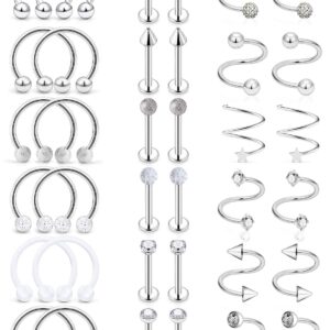 Hoeudjo Spiral Barbell Tragus Earrings 16g Stainless Steel Horseshoe Barbell Lip Rings Helix Rook Twist Cartilage Earrings Studs Ring Medusa Piercing Jewelry 8mm 18 Pairs Silver-tone