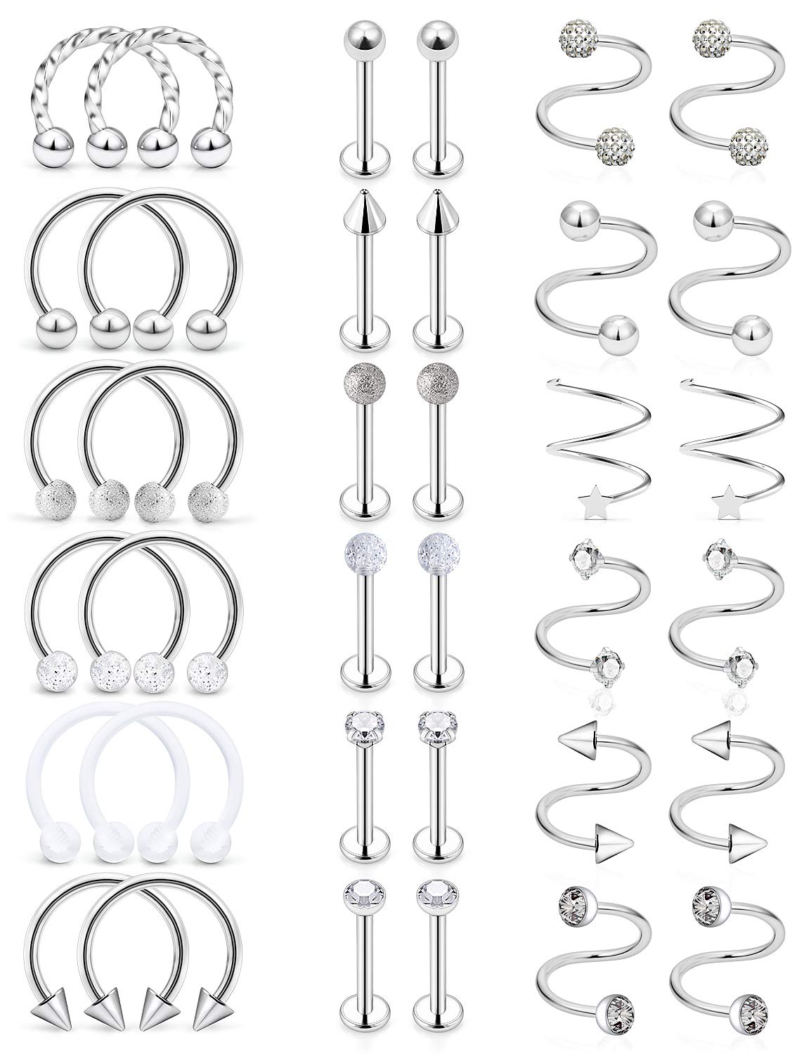 Hoeudjo Spiral Barbell Tragus Earrings 16g Stainless Steel Horseshoe Barbell Lip Rings Helix Rook Twist Cartilage Earrings Studs Ring Medusa Piercing Jewelry 8mm 18 Pairs Silver-tone