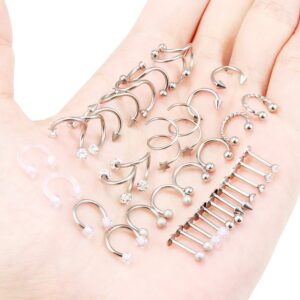 Hoeudjo Spiral Barbell Tragus Earrings 16g Stainless Steel Horseshoe Barbell Lip Rings Helix Rook Twist Cartilage Earrings Studs Ring Medusa Piercing Jewelry 8mm 18 Pairs Silver-tone