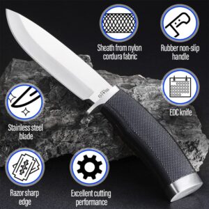 Grand Way Bundle of 2 Items - Pocket Folding Knife - Military Style - Cool Knives - Tactical Knife - Bushcraft Field Gear Accessories Tool - Fixed Blade Sharp Knofe with Rubber Handle for Men - Gifts