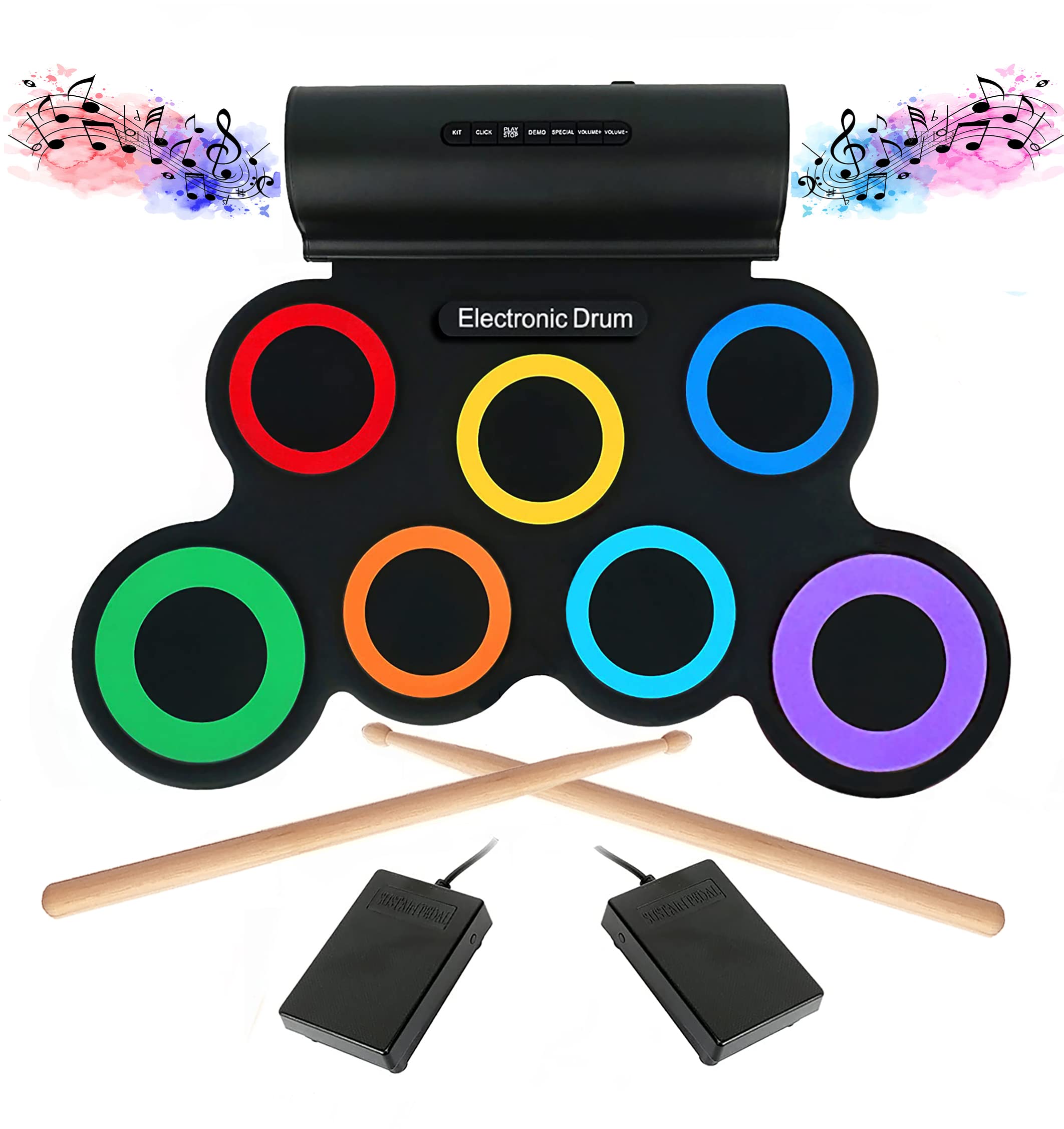 Electronic Drum Set,7 Practice Drum Pads,Roll-up Rechargeable Drum Set with Pedals,Sticks,Built-in Speaker/Headphone Jack, Rainbow Color