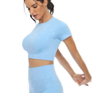 JOLLMONO 2 Piece Short Sleeve Outfits for Women Seamless Crop Tops Set for Women Workout Set(8005L-Light Blue)