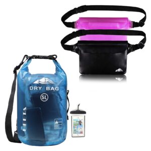 heeta waterproof dry bag for women men transparent blue 5l bundle with 2-pack waterproof pouch with waist strap