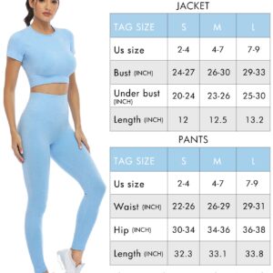 JOLLMONO 2 Piece Short Sleeve Outfits for Women Seamless Crop Tops Set for Women Workout Set(8005L-Light Blue)