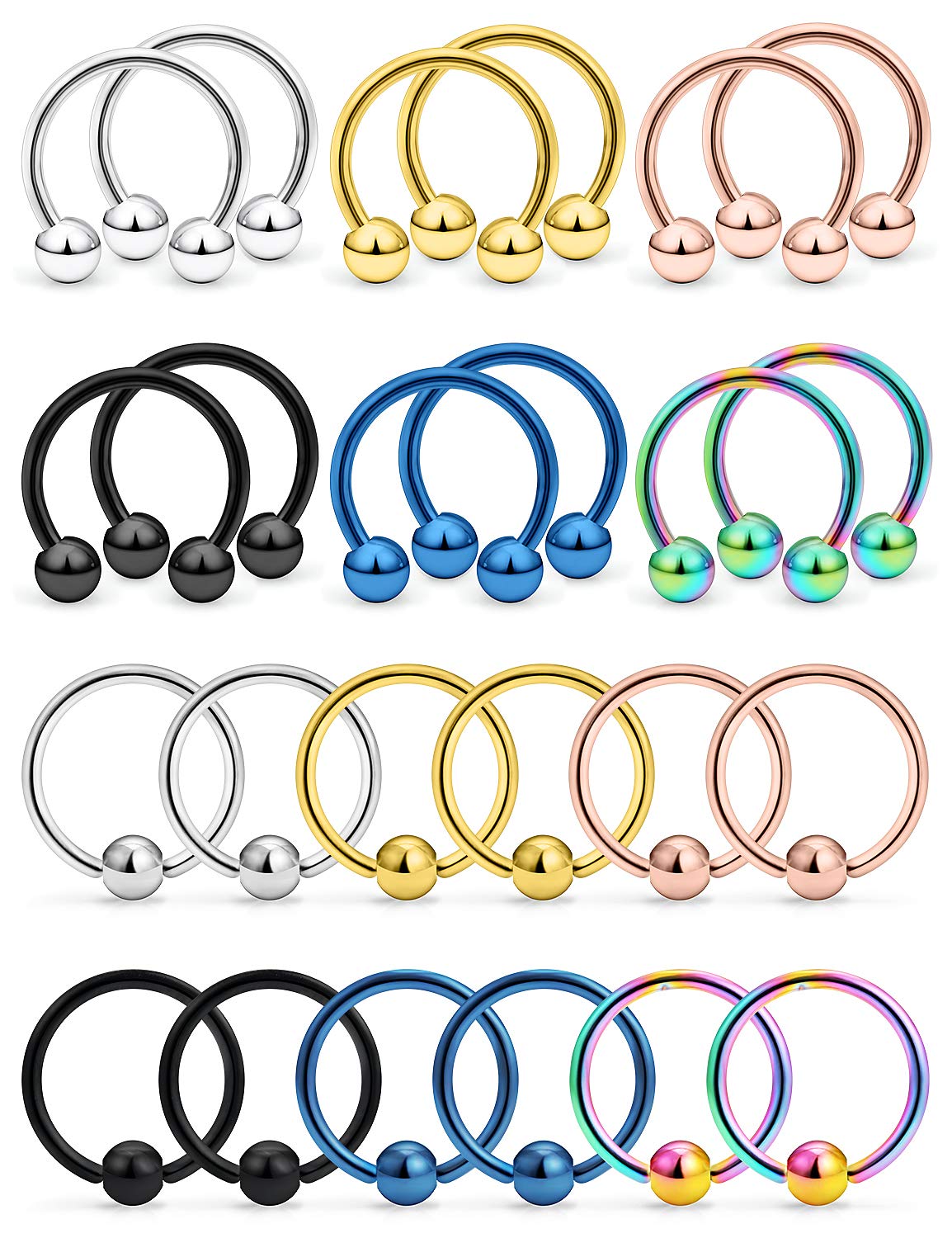 Lcolyoli 12 Pairs 14G Surgical Steel Horseshoe Captive Bead Nose Hoop Ring Septum Lip Nipple Helix Cartilage Tragus Hoop Rings Piercing Jewelry for Women Men 16mm 5/8"