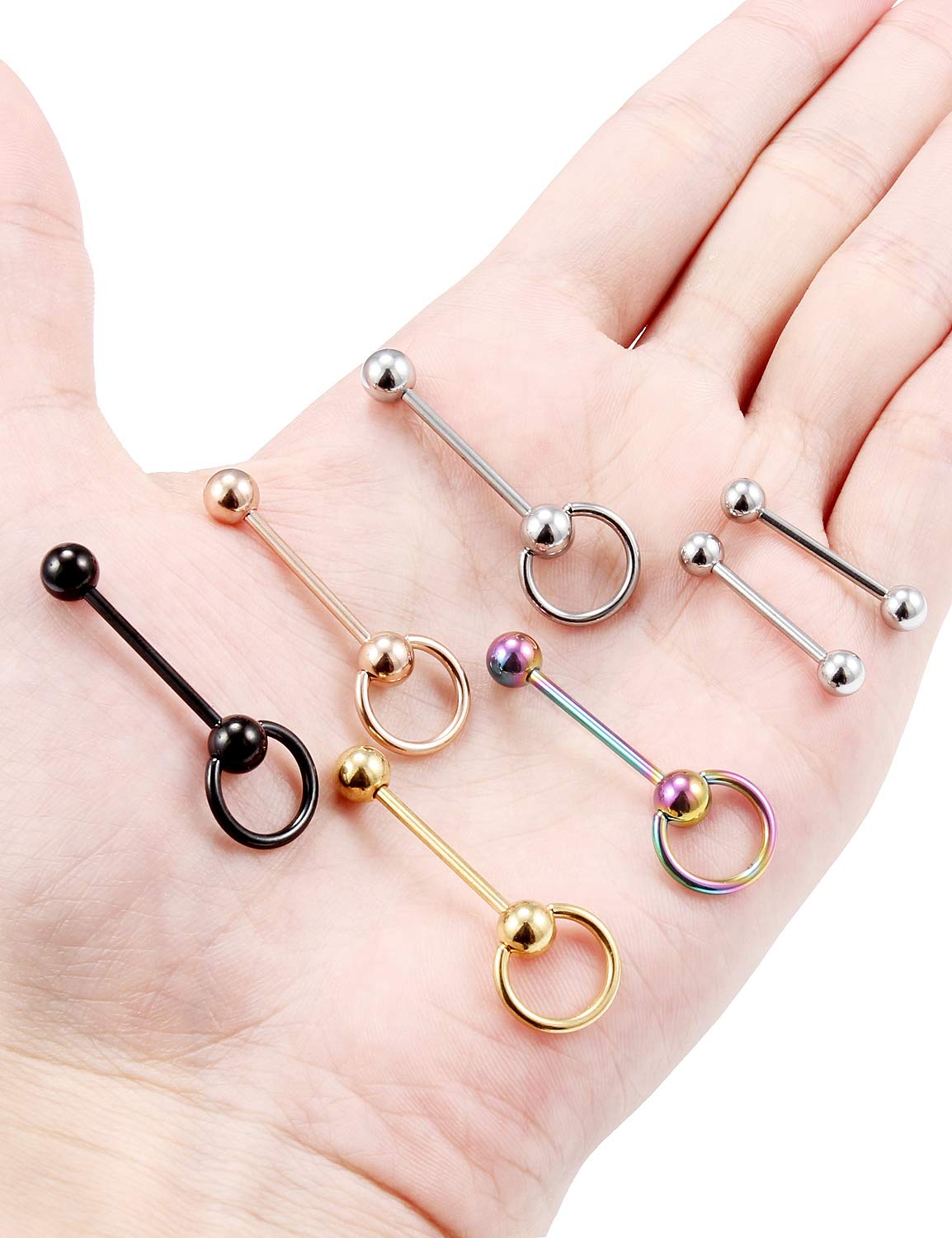 Prjndjw 14G Tongue Rings Door Knocker Tongue Ring Surgical Steel Tongue Rings Body Piercing Jewelry for Women Men 7Pcs 16MM Mixcolour