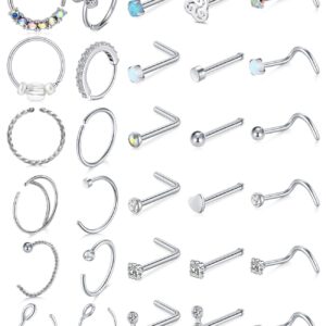 Longita 20g Nose Rings Surgical Steel L Shape Studs Stainless Thin Ring Hoop Silver Pack Screw Bone Opal Diamond Heart Nostril Piercing Jewelry for Men Women