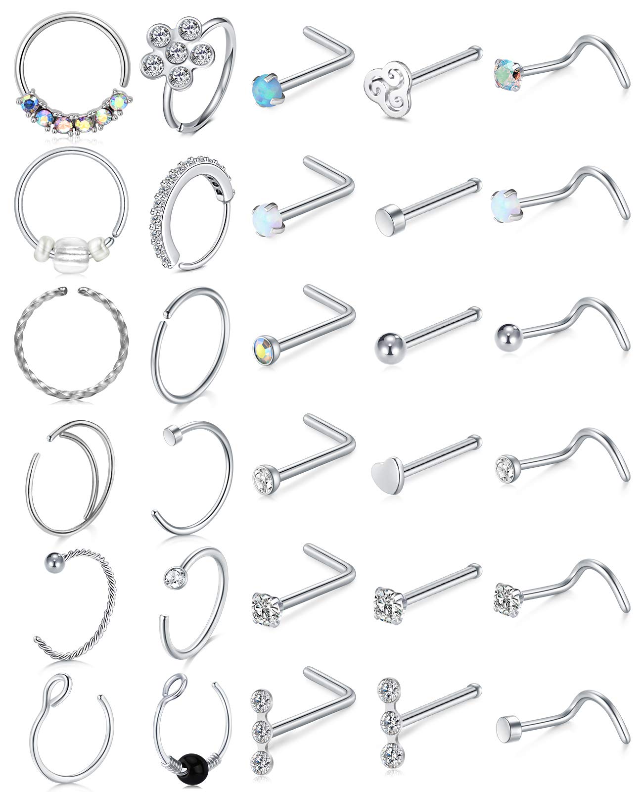 Longita 20g Nose Rings Surgical Steel L Shape Studs Stainless Thin Ring Hoop Silver Pack Screw Bone Opal Diamond Heart Nostril Piercing Jewelry for Men Women