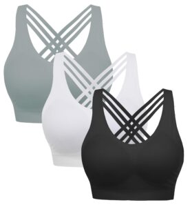 akamc women's removable padded sports bras medium support workout yoga bra 3 pack,grey/white/black,small