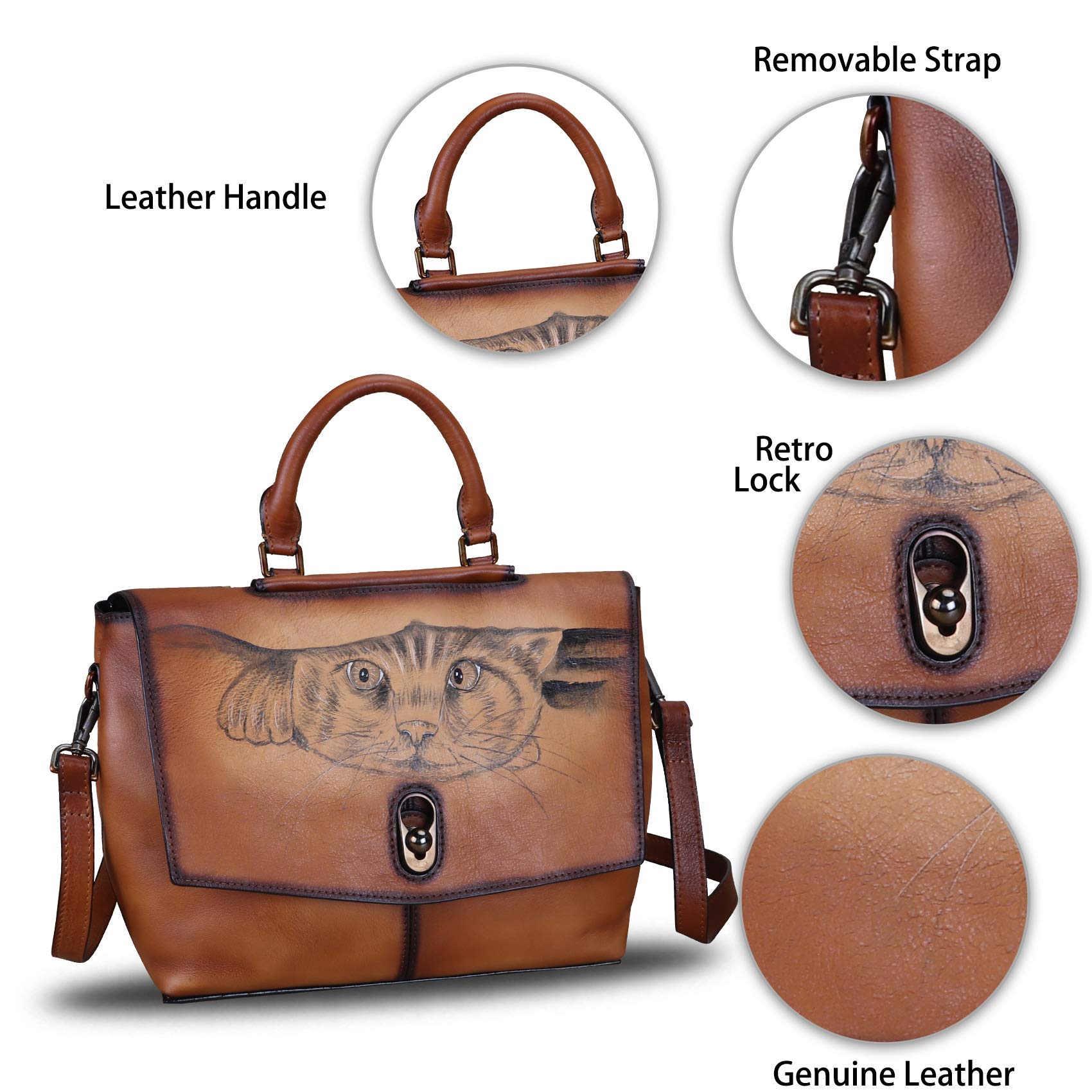 Genuine Leather Satchel Purses Handbags for Women Large Capacity Shoulder Bags Lady Work Top Handle Crossbody Bags (BrownHandPainted)