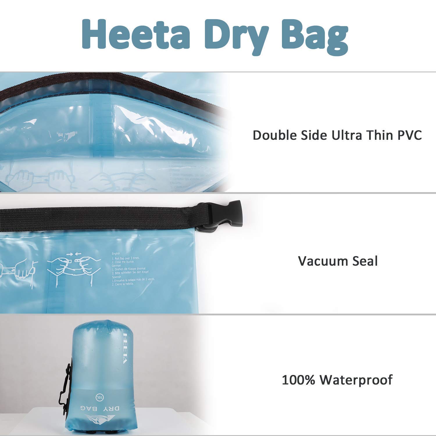 HEETA Waterproof Dry Bag for Women Men Transparent Blue 5L Bundle with 2-Pack Waterproof Pouch with Waist Strap