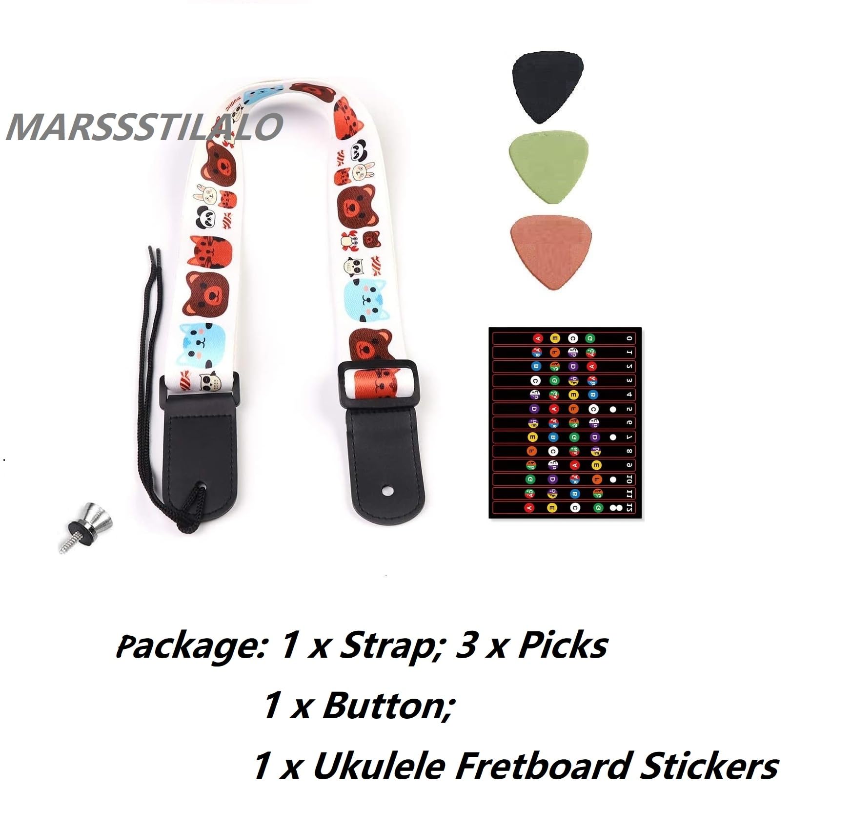 MARSSSTILALO Cute Soft Polyster Cartoon Ukulele Shoulder Strap Small Guitars Strap, Hawaiian, Tenor Ukuleles, Concert Ukuleles, White