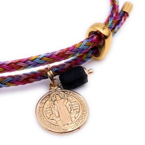 LESLIE BOULES 18K Gold Plated Saint Benedict Colored String Bracelet Charm Genuine Azabache Stone