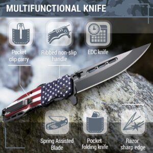 Grand Way Bundle of 2 Items - Pocket Folding Knife - Military Style - Cool Knives - Tactical Knife - Bushcraft Field Gear Accessories Tool - Fixed Blade Sharp Knofe with Rubber Handle for Men - Gifts