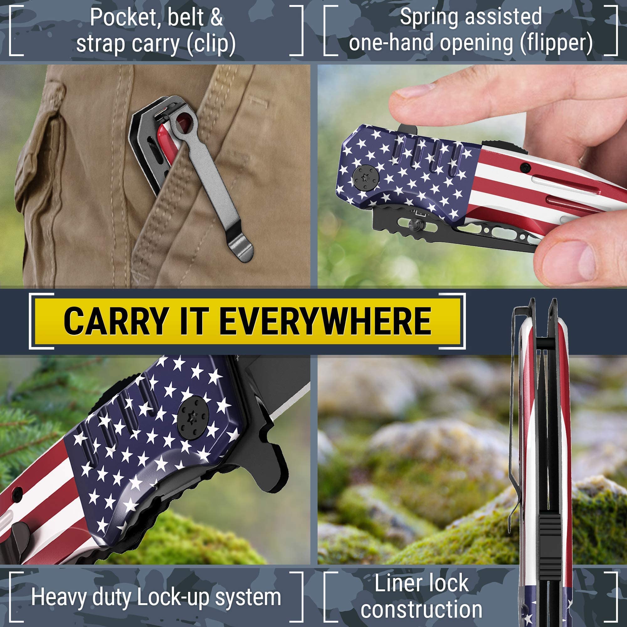 Grand Way Bundle of 2 Items - Pocket Folding Knife - Military Style - Cool Knives - Tactical Knife - Bushcraft Field Gear Accessories Tool - Fixed Blade Sharp Knofe with Rubber Handle for Men - Gifts