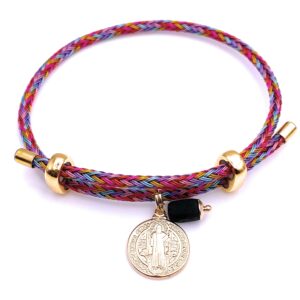 LESLIE BOULES 18K Gold Plated Saint Benedict Colored String Bracelet Charm Genuine Azabache Stone