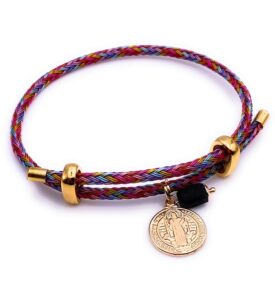 leslie boules 18k gold plated saint benedict colored string bracelet charm genuine azabache stone