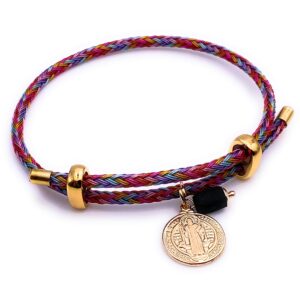 LESLIE BOULES 18K Gold Plated Saint Benedict Colored String Bracelet Charm Genuine Azabache Stone