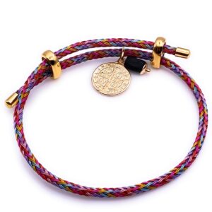 LESLIE BOULES 18K Gold Plated Saint Benedict Colored String Bracelet Charm Genuine Azabache Stone