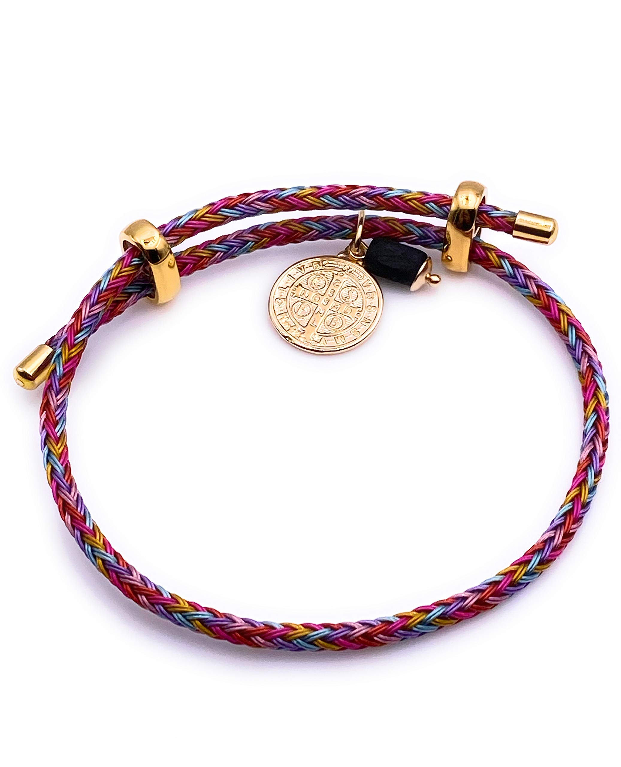 LESLIE BOULES 18K Gold Plated Saint Benedict Colored String Bracelet Charm Genuine Azabache Stone