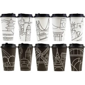 youngever 70 sets disposable coffee cups with lids, to go hot coffee cups, durable paper cups with lids, city skyline design