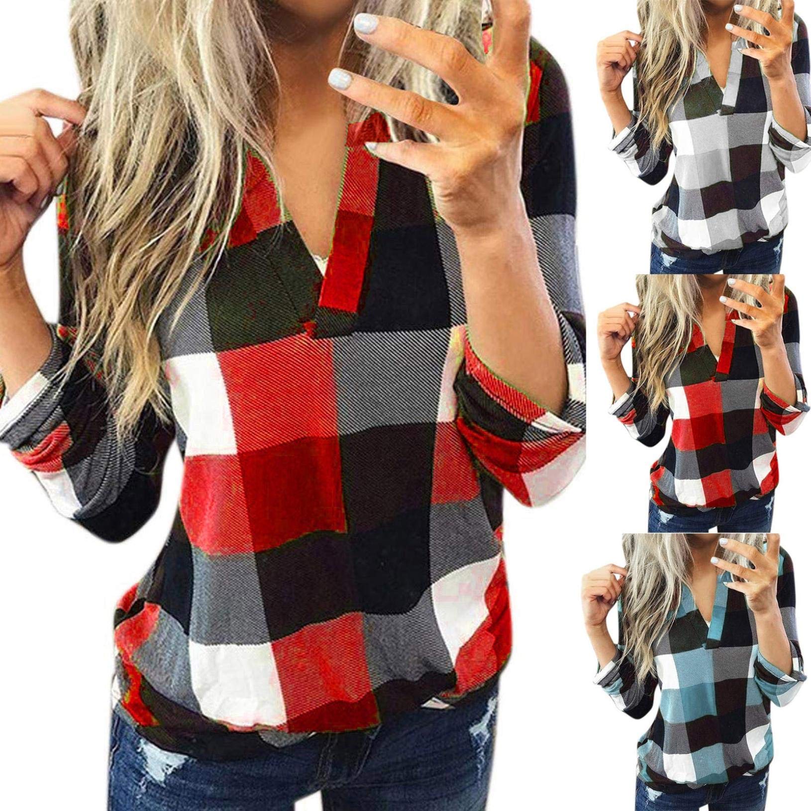 YAnGSale Top Casual Plaid Blouse Women Cotton Sweatshirt Long Sleeve Shirts Women's V-Neck Fall Sweaters Pullover Tops