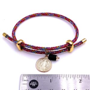 LESLIE BOULES 18K Gold Plated Saint Benedict Colored String Bracelet Charm Genuine Azabache Stone