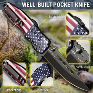 Grand Way Bundle of 2 Items - Pocket Folding Knife - Military Style - Cool Knives - Tactical Knife - Bushcraft Field Gear Accessories Tool - Fixed Blade Sharp Knofe with Rubber Handle for Men - Gifts